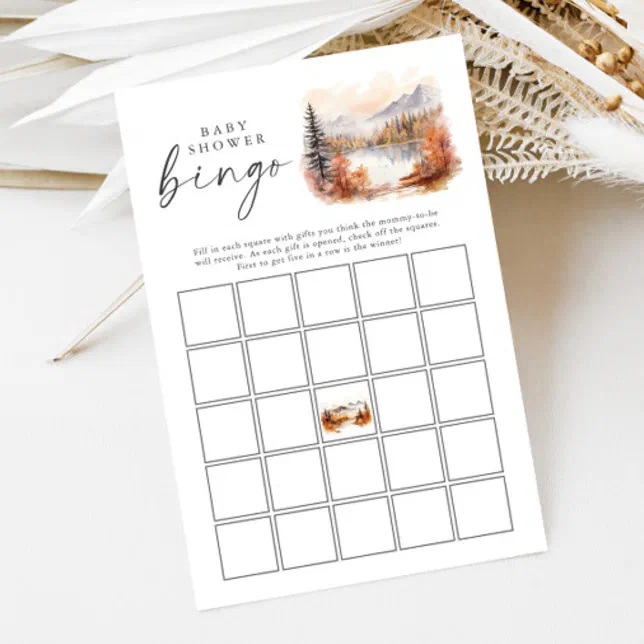 Woodland Baby Shower Bingo Mountains Rustic Fall | Zazzle