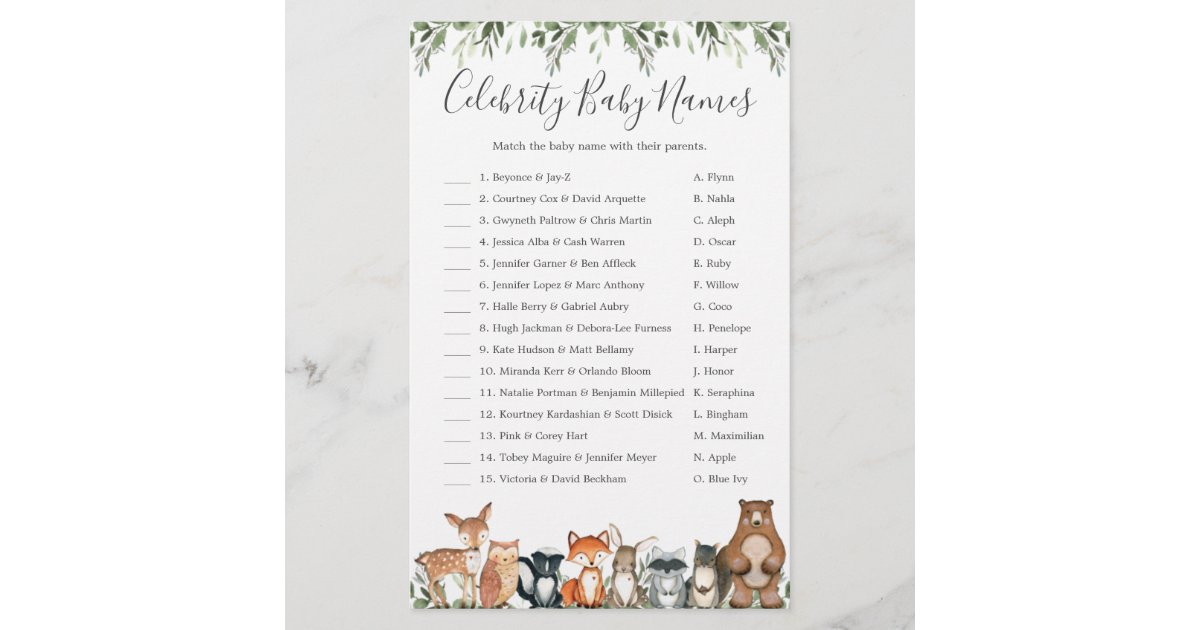 Woodland Baby Shower Celebrity Baby Names Game | Zazzle