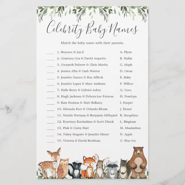 Woodland Baby Shower Celebrity Baby Names Game | Zazzle