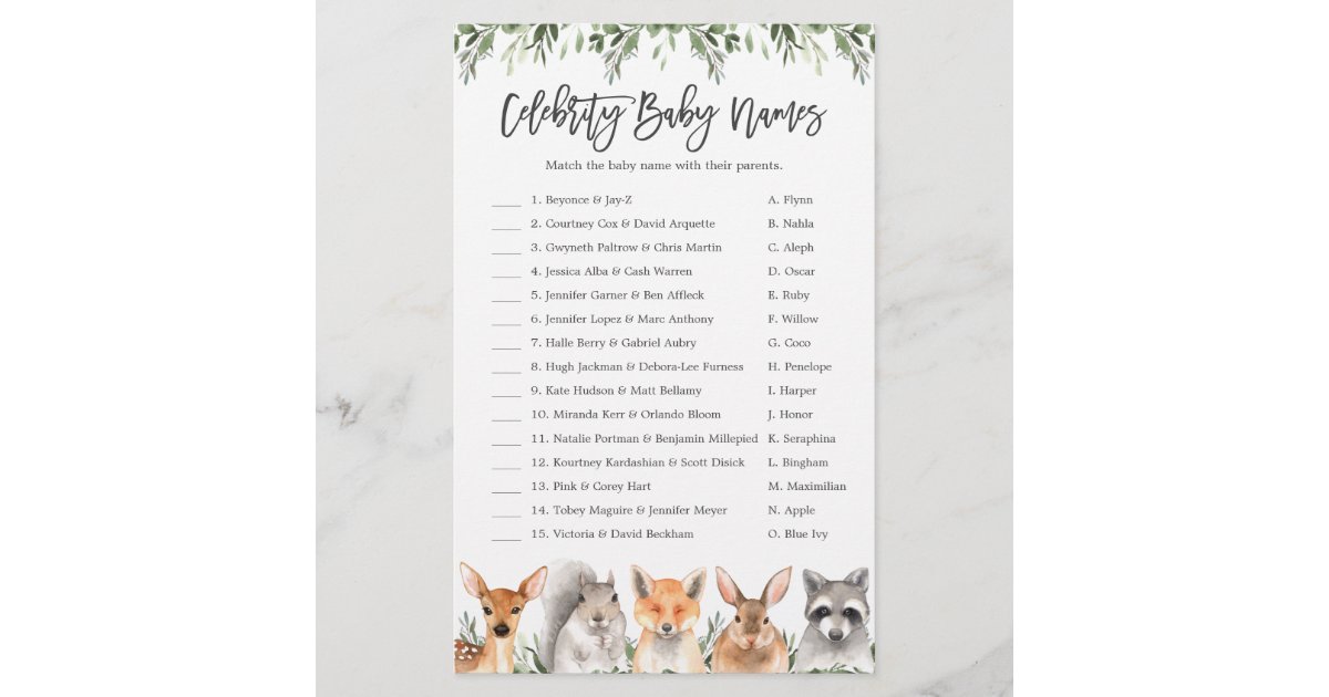 Woodland Baby Shower Celebrity Baby Names Game | Zazzle