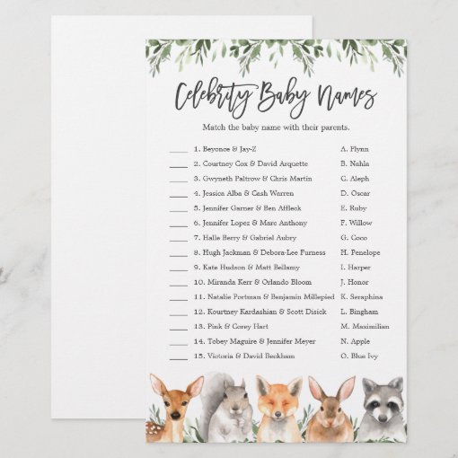 Woodland Baby Shower Celebrity Baby Names Game | Zazzle