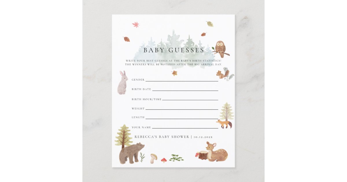Woodland Baby Shower Forest Animals Guessing Game | Zazzle