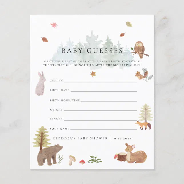 Woodland Baby Shower Forest Animals Guessing Game | Zazzle