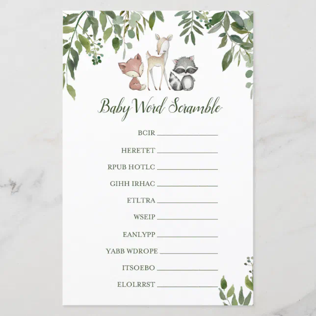 Woodland Baby Shower Game - Baby Word Scramble | Zazzle