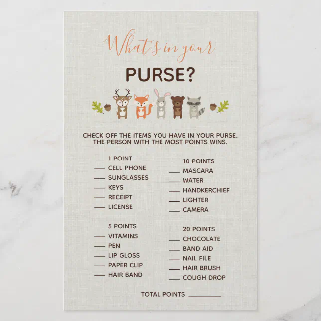 Woodland Baby Shower Game - What's In Your Purse | Zazzle