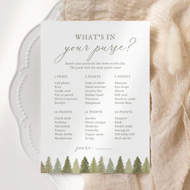 Woodland Baby Shower What's In Your Purse Game Invitation | Zazzle