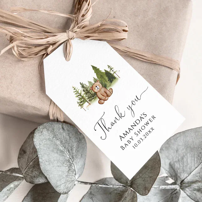 Woodland Bear Baby Shower Thank You Gift Tags | Zazzle
