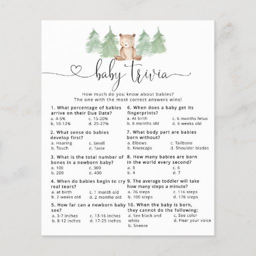 Woodland bear Baby trivia baby shower game | Zazzle