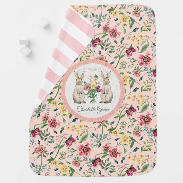 Woodland Bunny Rabbit Floral Watercolor Baby Girl Baby Blanket | Zazzle