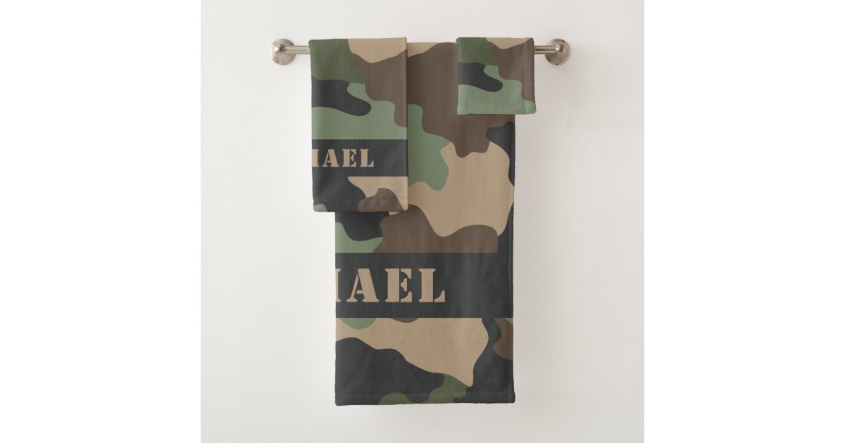 Woodland Camouflage Camo Khaki Tan Black Monogram Bath Towel Set | Zazzle