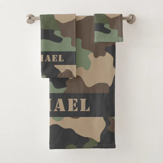 Woodland Camouflage Camo Khaki Tan Black Monogram Bath Towel Set | Zazzle