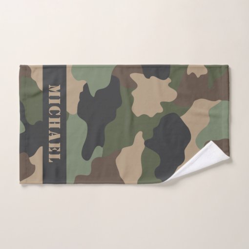 Woodland Camouflage Camo Khaki Tan Black Monogram Bath Towel Set | Zazzle