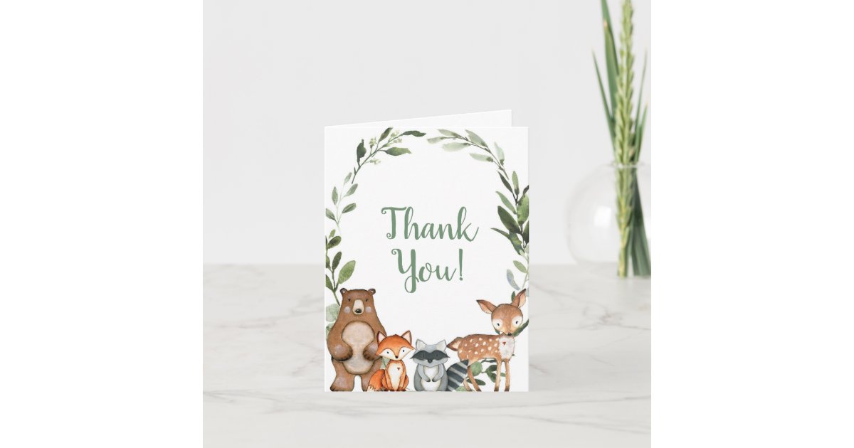 Woodland cute forest animals friends greenery thank you card | Zazzle