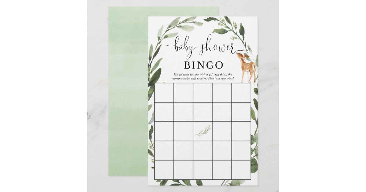 Woodland Deer Baby shower bingo greenery | Zazzle