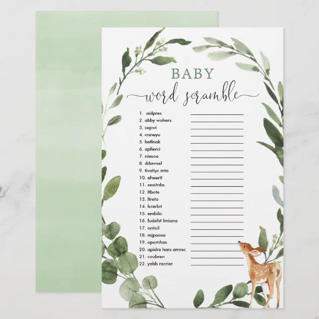 Woodland Deer Baby word scramble baby shower game | Zazzle