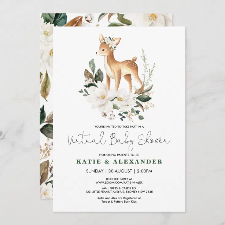 Woodland Deer Ivory Floral Virtual Baby Shower Invitation | Zazzle