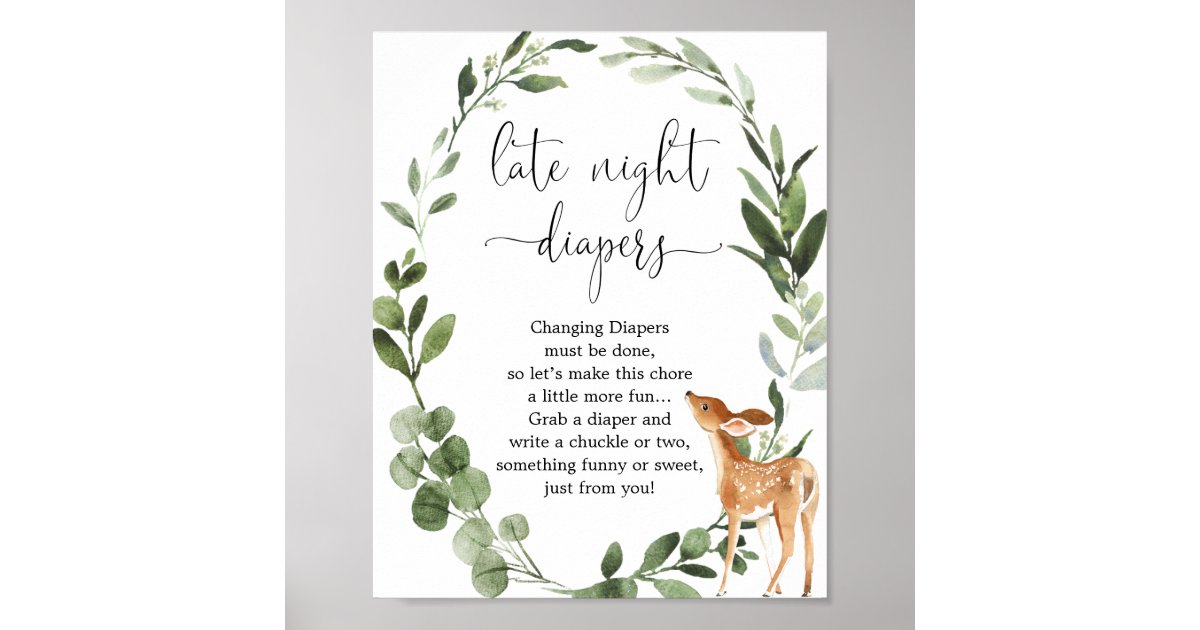 Woodland Deer Late night diapers baby shower sign | Zazzle