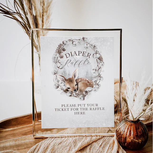 Woodland Deer Winter Baby Shower Diaper Raffle Poster | Zazzle