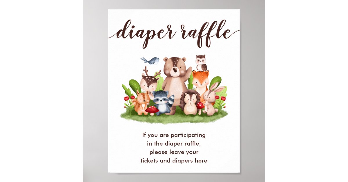 Woodland Diaper Raffle Drop Off Baby Boy Shower Poster | Zazzle