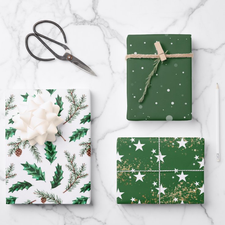 Woodland Fall Green, White & Gold Christmas Gift Wrapping Paper Sheets ...