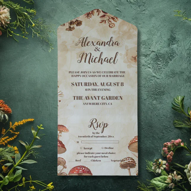 Woodland Fall Watercolor Mushroom Wedding All In One Invitation | Zazzle