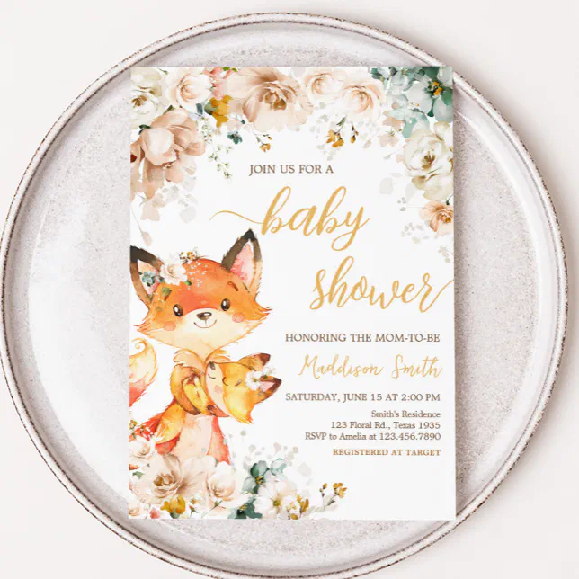 Woodland Floral Fox Baby Shower Invitation | Zazzle