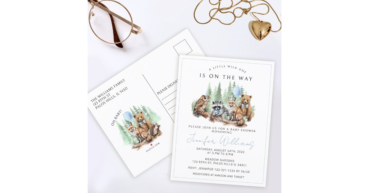 Woodland forest animals baby boy shower postcard | Zazzle
