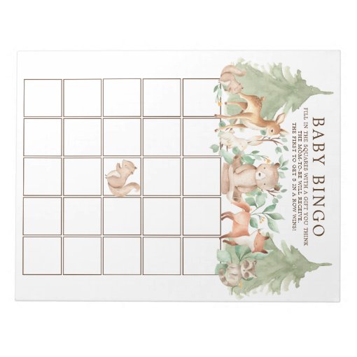 Woodland Forest Animals Baby Shower Bingo Game Notepad | Zazzle