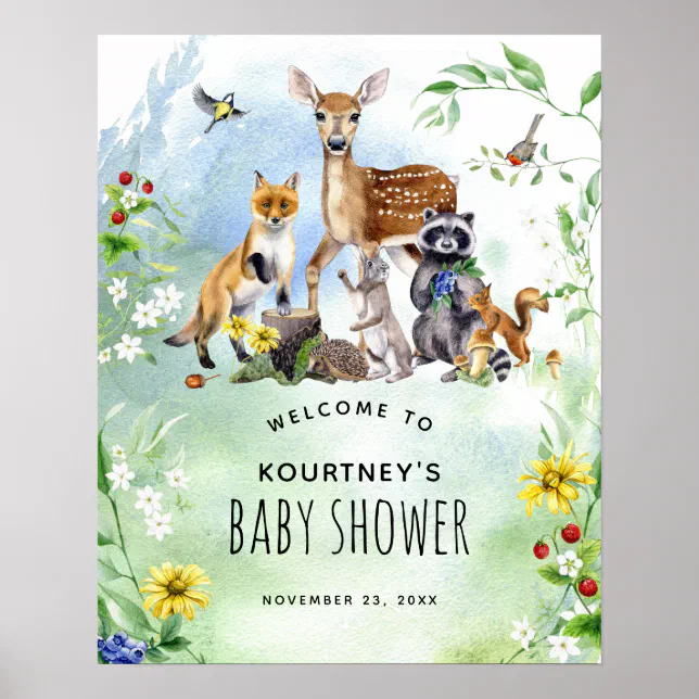 Woodland Forest Animals Baby Shower Welcome Poster | Zazzle