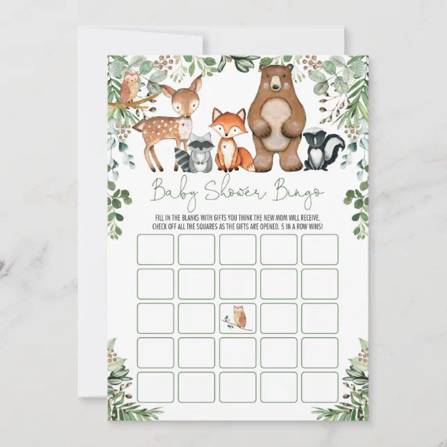 Woodland Forest Animals Bingo Baby Shower Game Invitation | Zazzle