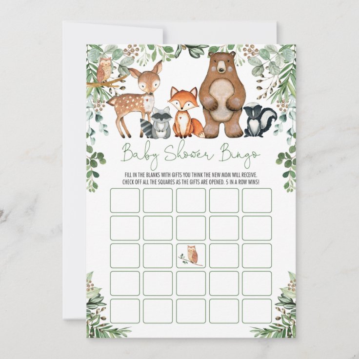 Woodland Forest Animals Bingo Baby Shower Game Invitation | Zazzle