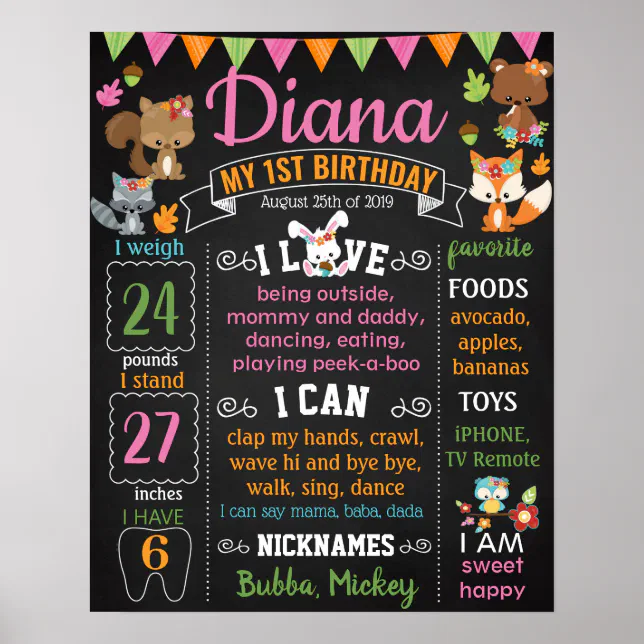 Woodland Forest Animals Birthday milestone Poster | Zazzle
