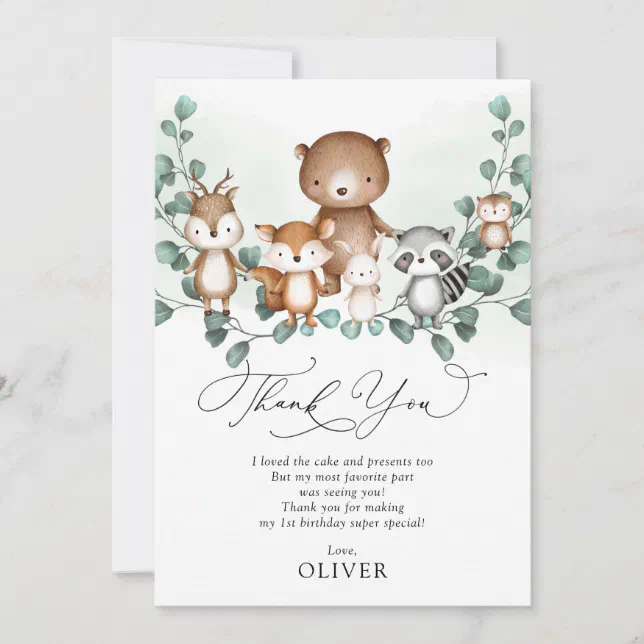 Woodland Forest Animals Birthday Thank You Card | Zazzle