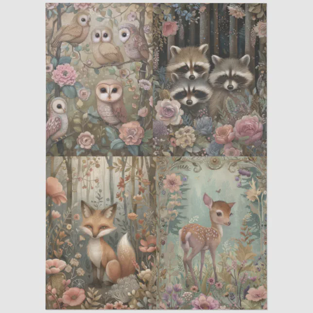 Woodland Forest Animals Floral Collage Decoupage Tissue Paper | Zazzle