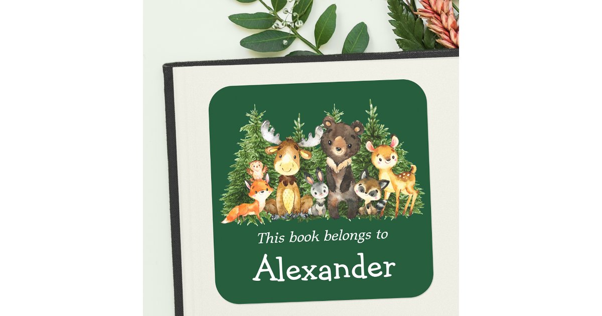 Woodland Forest Animals Green Bookplate Labels | Zazzle