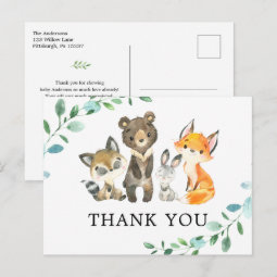 Woodland Forest Animals Thank You Postcard | Zazzle
