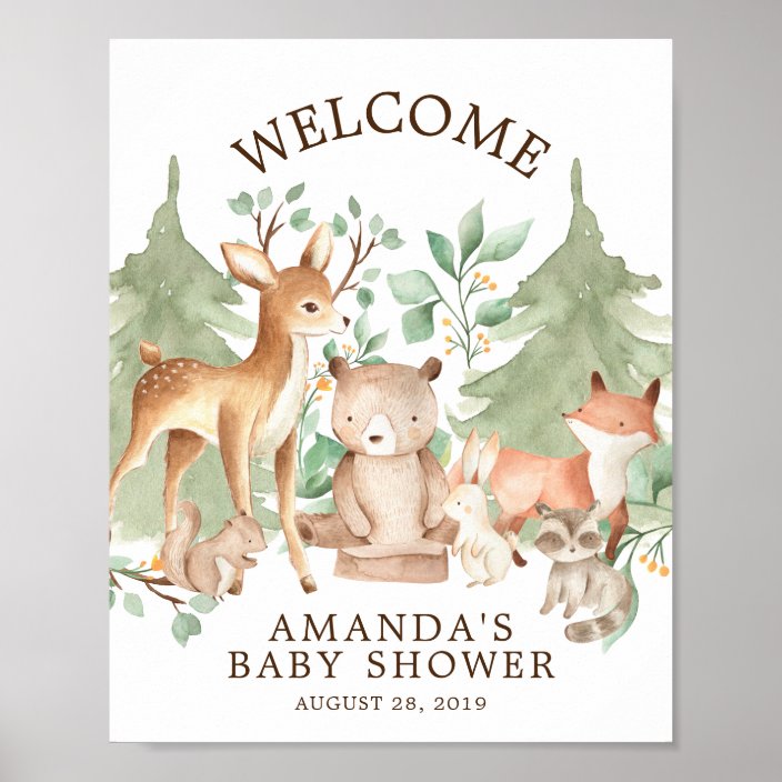 Woodland Forest Animals Welcome Baby Shower Poster | Zazzle