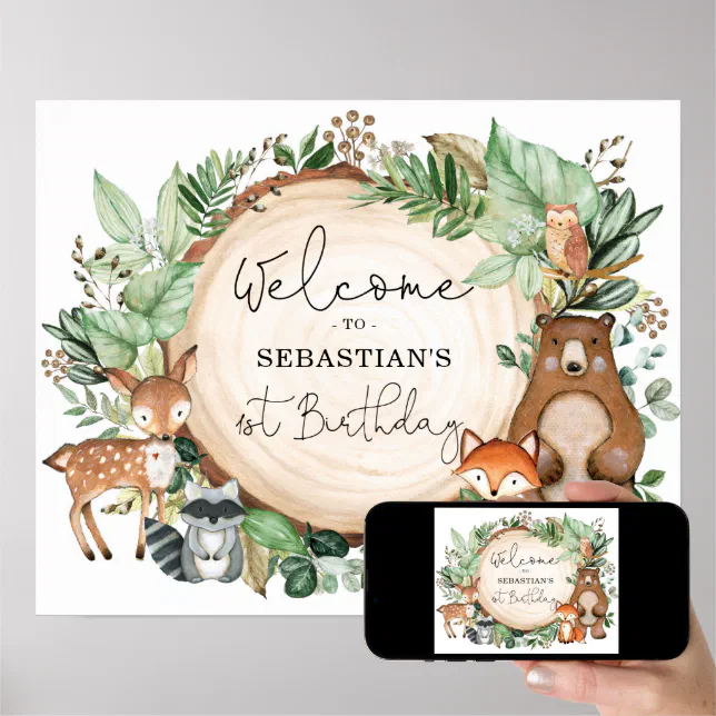 Woodland Forest Animals Wild One Birthday Welcome Poster | Zazzle