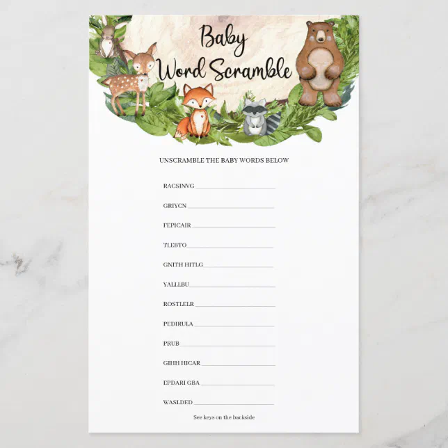 Woodland forest animals wood Baby Word Scramble | Zazzle