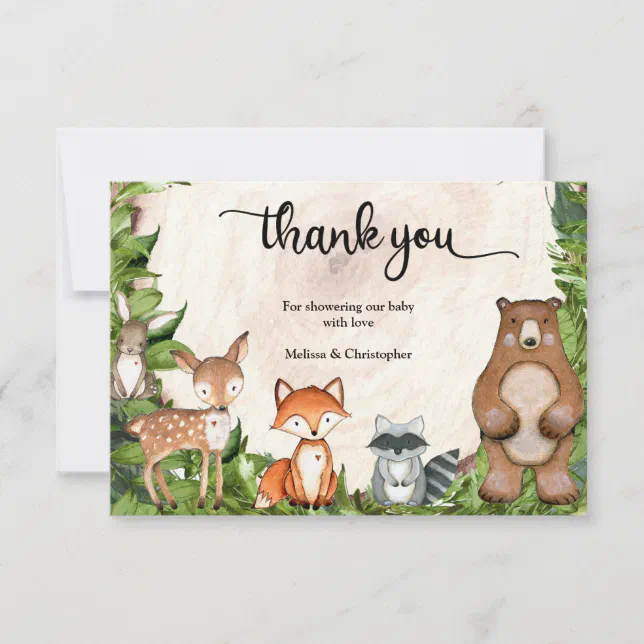 Woodland forest animals wooden slice greenery thank you card | Zazzle