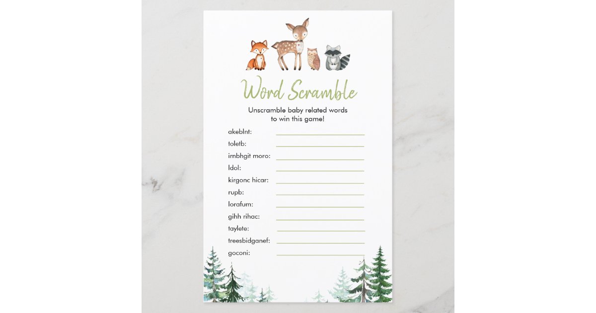 Woodland Forest Baby Shower Word Scramble Game | Zazzle