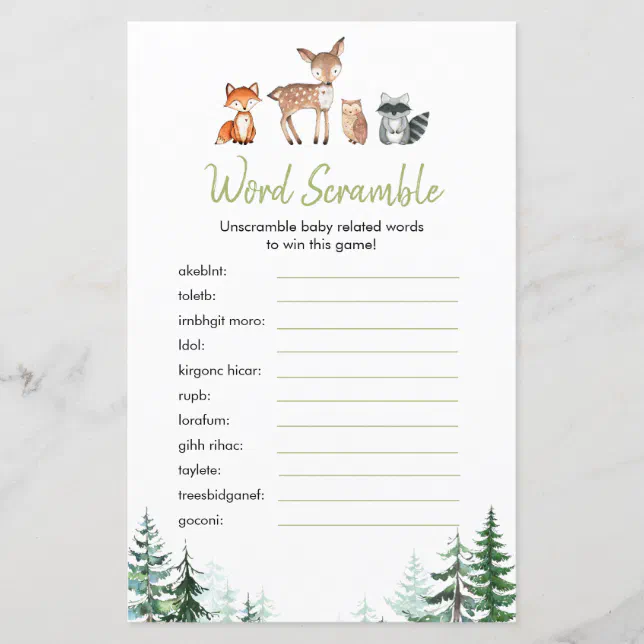 Woodland Forest Baby Shower Word Scramble Game | Zazzle