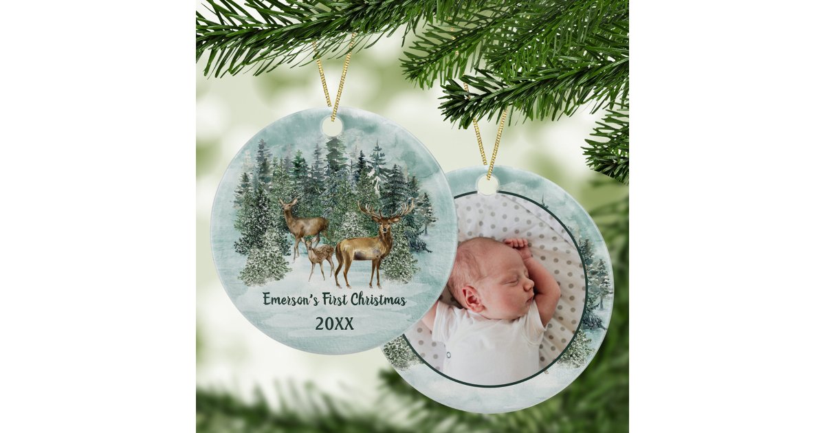 Woodland Forest Deer First Christmas Photo Ceramic Ornament | Zazzle