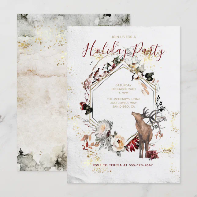Woodland Forest Deer Floral Holiday Party Invitation | Zazzle
