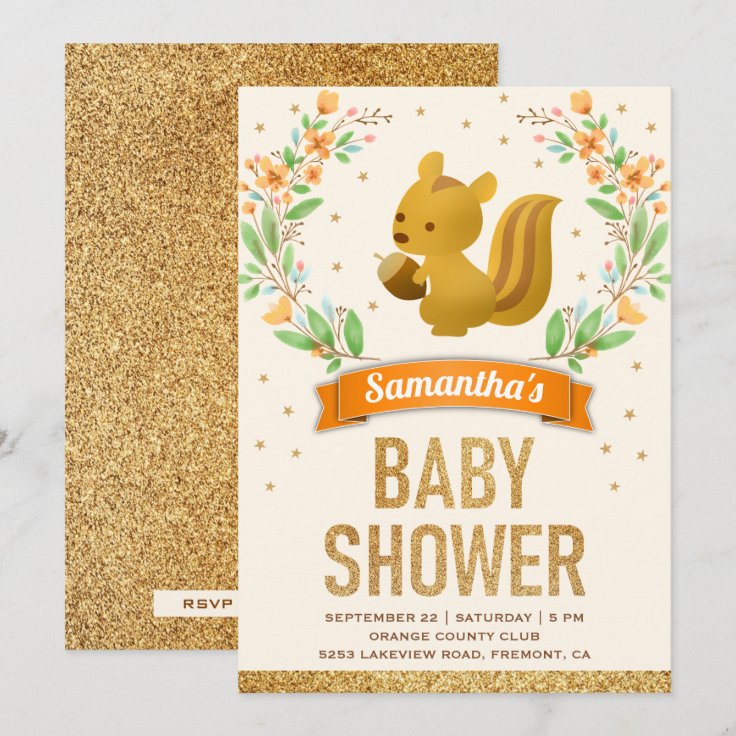Woodland Forest Floral Cute Squirrel Baby Shower Invitation | Zazzle