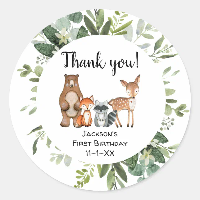 Woodland forest friends animals birthday classic round sticker | Zazzle