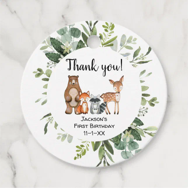 Woodland forest friends animals birthday thank you favor tags | Zazzle