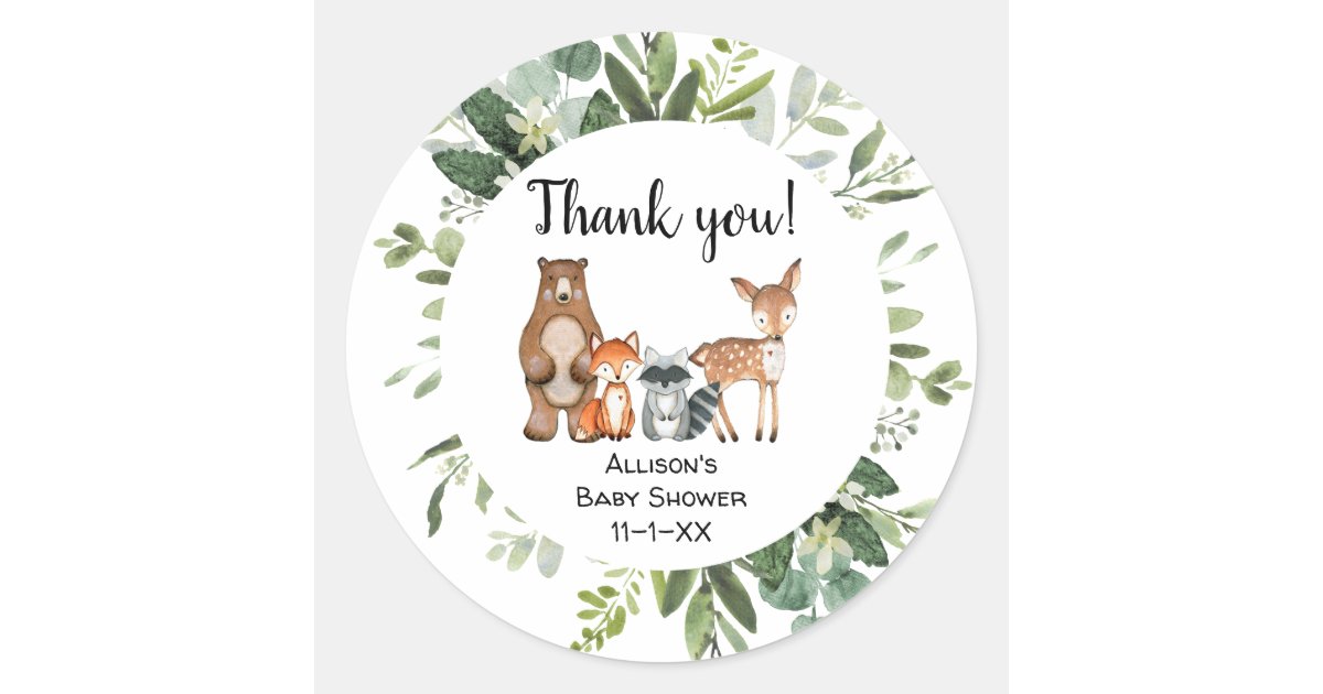 Woodland forest friends animals favor thank you classic round sticker ...