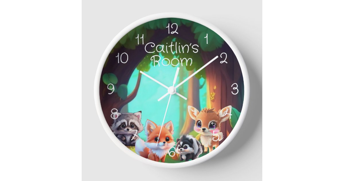 Woodland forest friends fox raccoon deer skunk clock | Zazzle