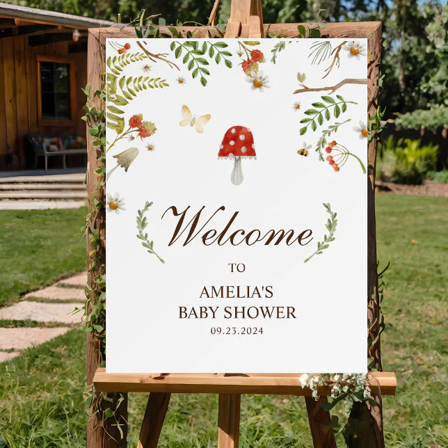 Woodland forest mushrooms baby shower Welcome sign | Zazzle